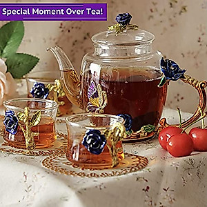 Pretty Glass Tea Sets for Women, Small Coffee Espresso Shot Tea Cups of 4, Flower Teapot and Cup Set, Clear Tea Kettle, Fancy Tea Set for Adults Girls Kids Tea Party, Gift for Women Mom Wife Christmas