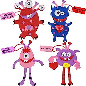 4E's Novelty Valentines Monster Craft Ornament (12 Pack) Foam Valentines Day Crafts for Kids Classroom DIY Card Activity Bulk - Individually Wrapped