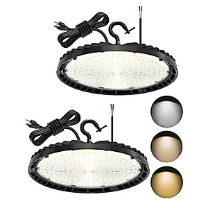 KUKUPPO 2Pack LED High Bay Light 150W 120W 90W Adjustable, 3000K 4000K 5000K Adjustable UFO High Bay Shop Light with Plug, 0-10V Dimmable 100-277V LED Factory Warehouse Lights, UL&DLC Listed