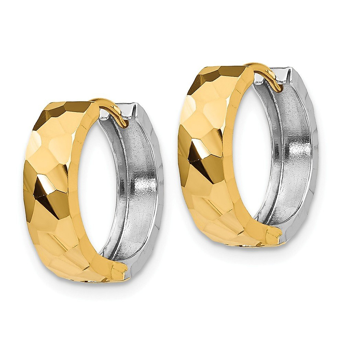 14k Yellow and White Gold Two Tone Textured Hinged Hoop Huggie Earrings - 14mm x 15mm