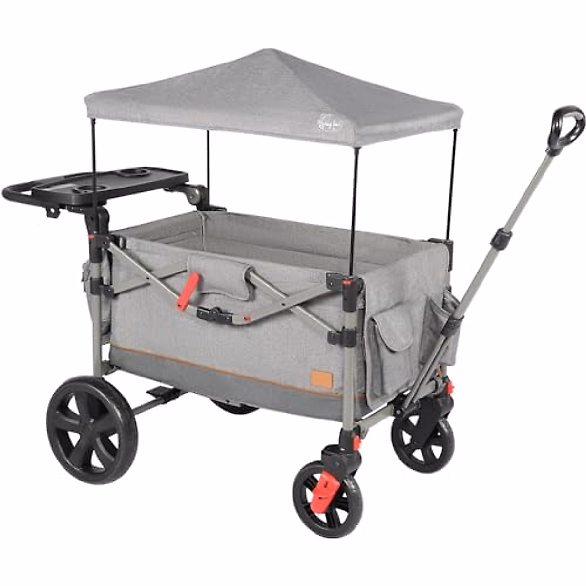 Busy Bee Foldable Wagon Stroller for 2 Kids, Push Pull Collapsible Kids Wagon with Adjustable Handle Bar, Removable Canopy, 5-Point Harness, Shock-Absorbing Wheels, Grey