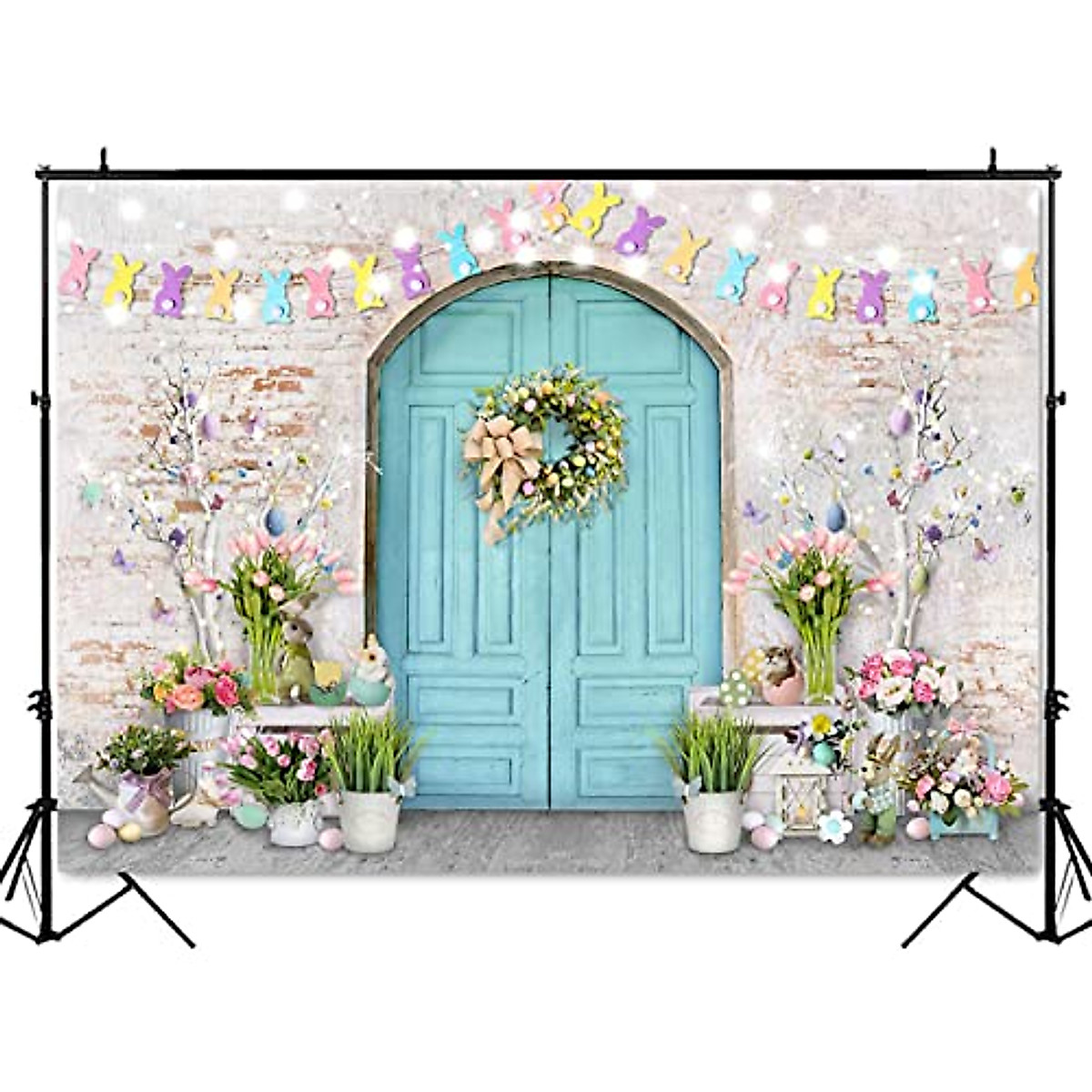 Mocsicka Easter Backdrop Blue Wooden Doors Brick Wall Bunny Rabbit Spring Photography Backdrops Easter Day Party Decorations Easter Photo Background Photo Studio Props (7x5ft (82x60 inch))