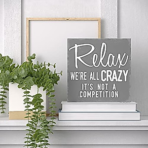 Barnyard Designs 'Relax We're All Crazy It's Not a Competition' Box Wall Art Sign, Primitive Country Farmhouse Home Decor Sign With Sayings, 8" x 8"
