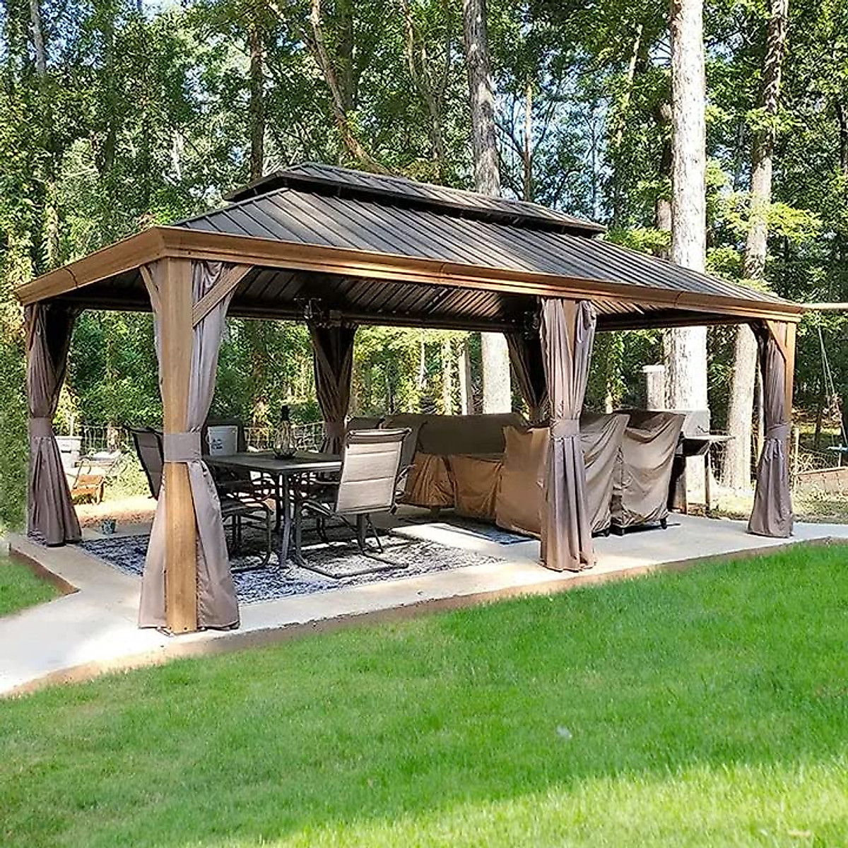 12’ x 20’ Hardtop Gazebo Outdoor Aluminum Wood Grain Gazebos with Galvanized Steel Double Canopy for Patios Deck Backyard,Curtains&Netting by domi outdoor living