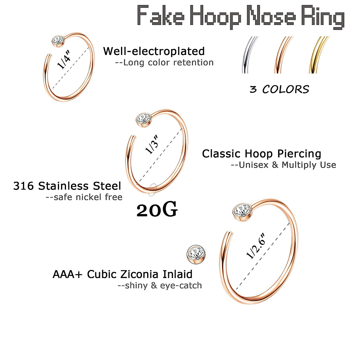 Jstyle 18Pcs Nose Rings Hoop Stainless Steel 20G L Shaped CZ Nose Studs Piercing Ring Hoop Body Jewelry Set