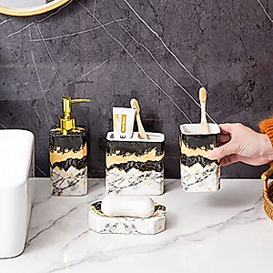 4 Piece Bathroom Accessories Set - Black and White Bathroom Accessories Set Includes Lotion Dispenser, Toothbrush Holder Tumbler, and Soap Dish - Glossy Finish (Marble, Black, and White)