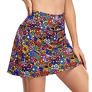 Fulbelle Tennis Skirt with Shorts, Cute Casual Summer Athletic Golf / Running Skorts with Pockets for Women, Colorful Flower Large