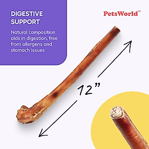 PETSWORLD 12" Thick Bully Sticks (6 Count) - All-Natural, Odor-Free Dog Chews for Large Dogs | Long-Lasting, 100% Digestible Beef Pizzle Treats