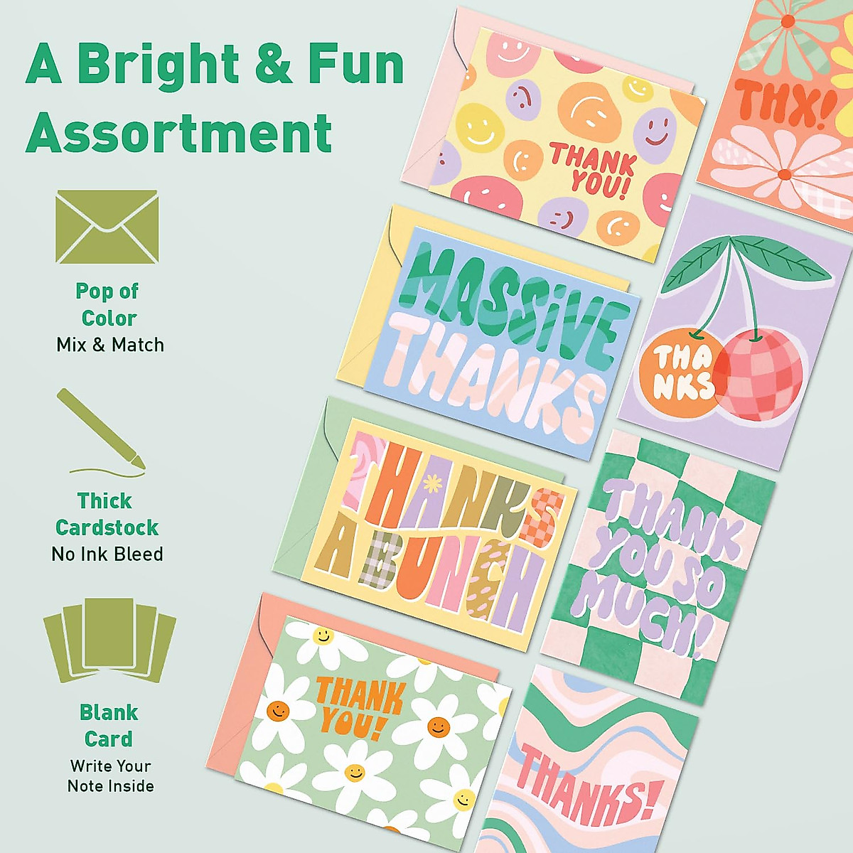 S&O Thank You Cards with Envelopes - Blank Thank You Cards for Handwritten Messages - Thank You Notes with Envelopes Set of 24 - Assorted Thank You Cards for Teachers with Color Envelopes to Mix & Match