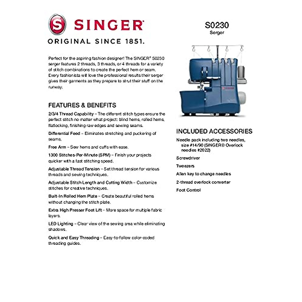 SINGER | S0230 Serger Overlock Machine With Included Accessory Kit - Heavy Duty Frame - 1300 Stitches Per Min - 4 Thread - Differential Feed - Making The Cut Edition , Blue