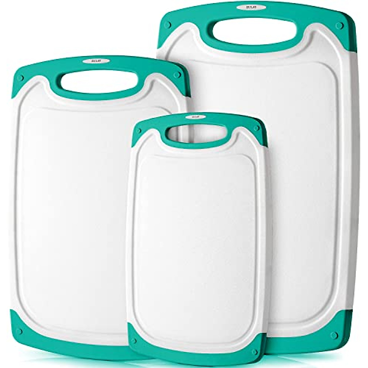 Zulay Kitchen (3-Piece Set) Cutting Boards For Kitchen Dishwasher Safe - Plastic Cutting Board Set - Non Slip Kitchen Cutting Board With Juice Groove - Multiple Sizes (White/Turquoise)