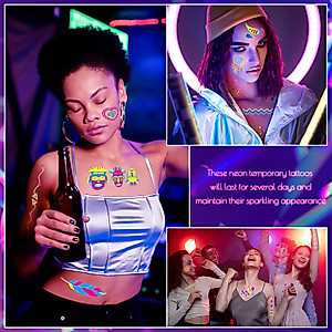 COKOHAPPY 20 Sheets Glow under UV Blacklight Neon Temporary Tattoo, 160+ Styles Neon Accessories for Glow Party, Blacklight, Bachelorette, Waterproof Luminous Fake Tattoo For Women Neno Party Rave Supplies