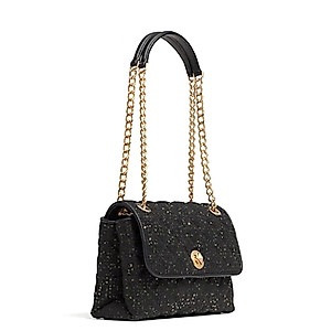 KATE SPADE NATALIA SEQUIN TWEED FABRIC MEDIUM FLAP SHOULDER BAG IN BLACK