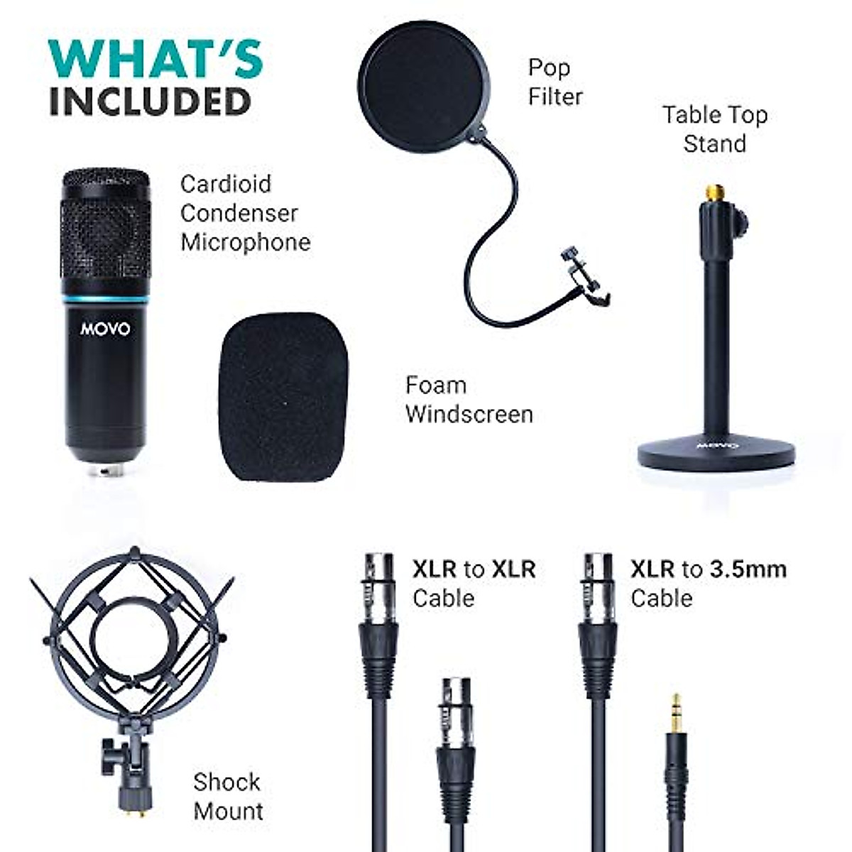 Movo PC-M6 Universal Cardioid Condenser Microphone Bundle with Tabletop Mic Stand, Dual Layer Pop Filter, and Audio Cables - Great Studio Equipment Kit with Perfect Singing Microphone for Recording