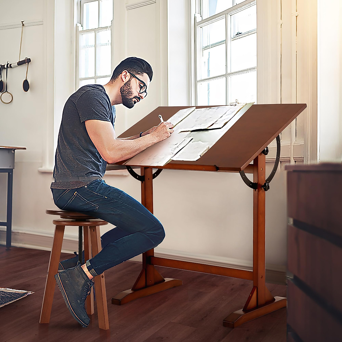 VISWIN 24'' x 35" Artist Drafting Table, Adjustable Angle, 34" Height Solid Pine Wood Drawing Table, Art Table for Adults, Tilts Flat, Art Craft Table for Drawing, Drafting, Writing, Reading