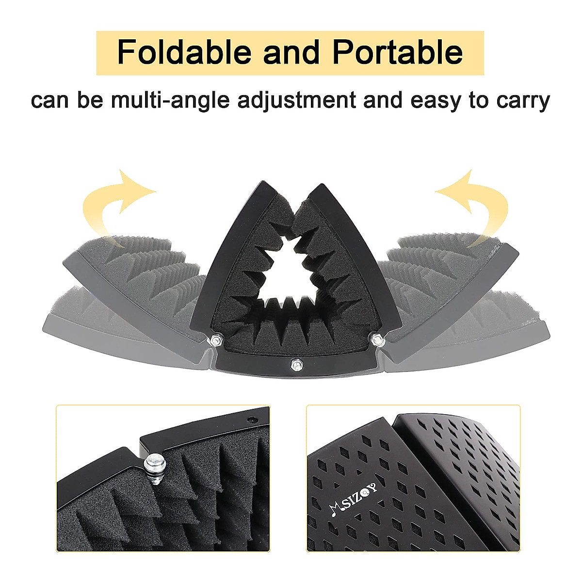 MSIZOY Curved Foldable Studio Recording Microphone Isolation Shield Condenser Mic High Density Sound Absorbent Foam with Metal Panel for Recording Podcasting Singing Broadcasting (3-Panel)