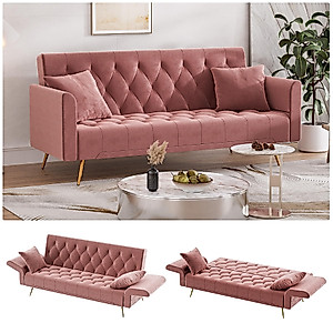 ONEMMLION Modern Velvet Futon Sofa Bed, Small Couch, Loveseat, 71" Convertible Futon Sofa with Folding Armrests and 2 Pillows, Comfy Couch for Living Room, Bedroom, Rose Pink