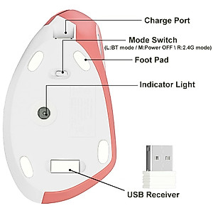 Vertical Mouse, Right Handed 2.4GHz Wireless Ergonomic Rechargeable Vertical Mouse with 4 Adjustable DPI 800/1200/1600/2400, 6 Buttons,Compatible with PC, Desktop,Mac (Pink)…