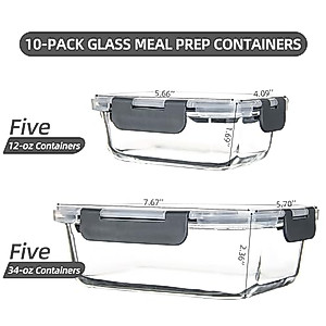 SHYRC Glass Food Storage Containers, 10 Pack Glass Meal Prep Container, Leak Proof, Glass Storage Containers with Lids, Ideal for Food Storage, Lunch, On-the-Go, Leftover - Grey