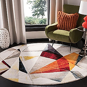 SAFAVIEH Porcello Collection 6'7" Round Light Grey/Orange PRL6940F Modern Abstract Non-Shedding Dining Room Entryway Foyer Living Room Bedroom Area Rug