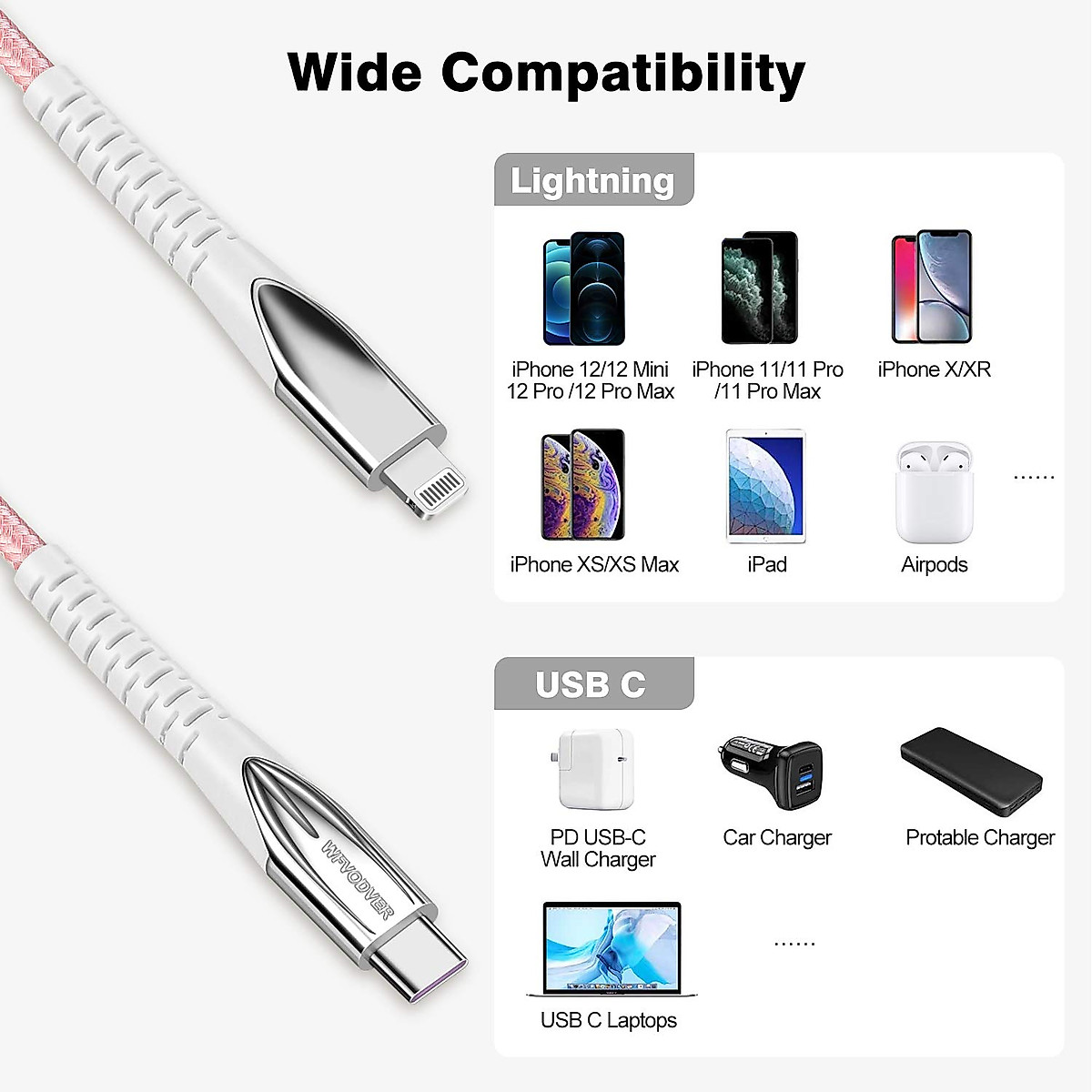 WFVODVER USB-C to Lightning Cable [MFI Certified] 10FT/3M iPhone 12 Nylon Braided Type C Fast Charging Cable Compatible with iPhone 12/12Mini/12 Pro/11/11Pro/11 Pro Max/X/XS/XR/XS MAX (Pink)