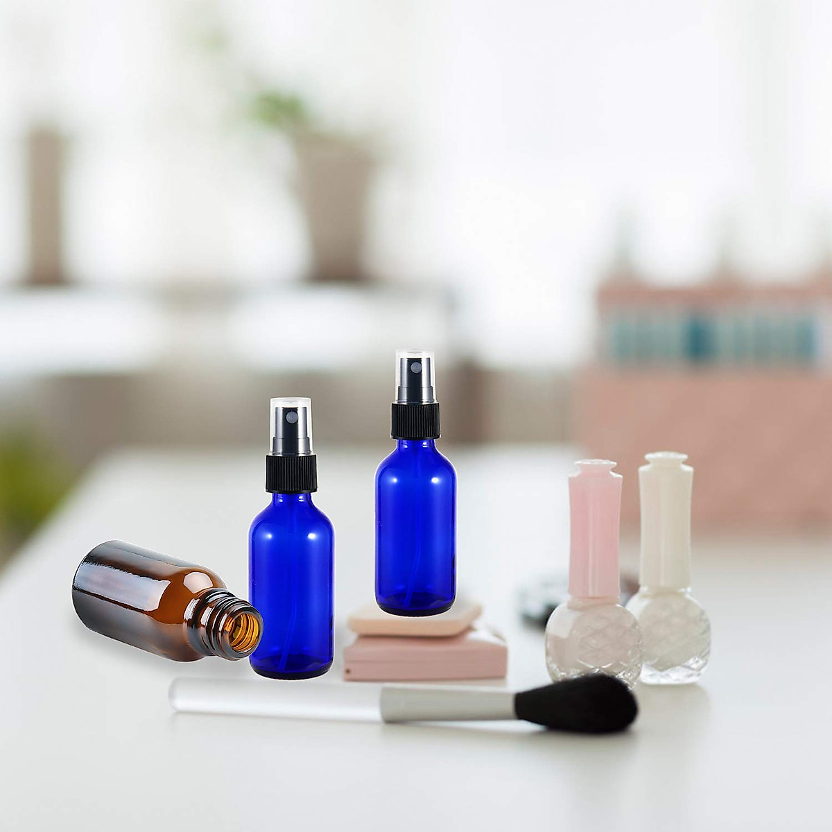 Ruckae 2 oz Glass Spray Bottles-18 Piece Set - With Funnel and Gold Glass Pen,Black Fine Mist Sprayers (Blue)