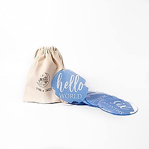 Stork+Sweet Monthly Baby Milestone Cards, Cute Acrylic Cards for Shower Gifts, 13 4in Discs + Canvas Bag, Newborn Gift Set Boys & Girls, Milestone, Blue, 1