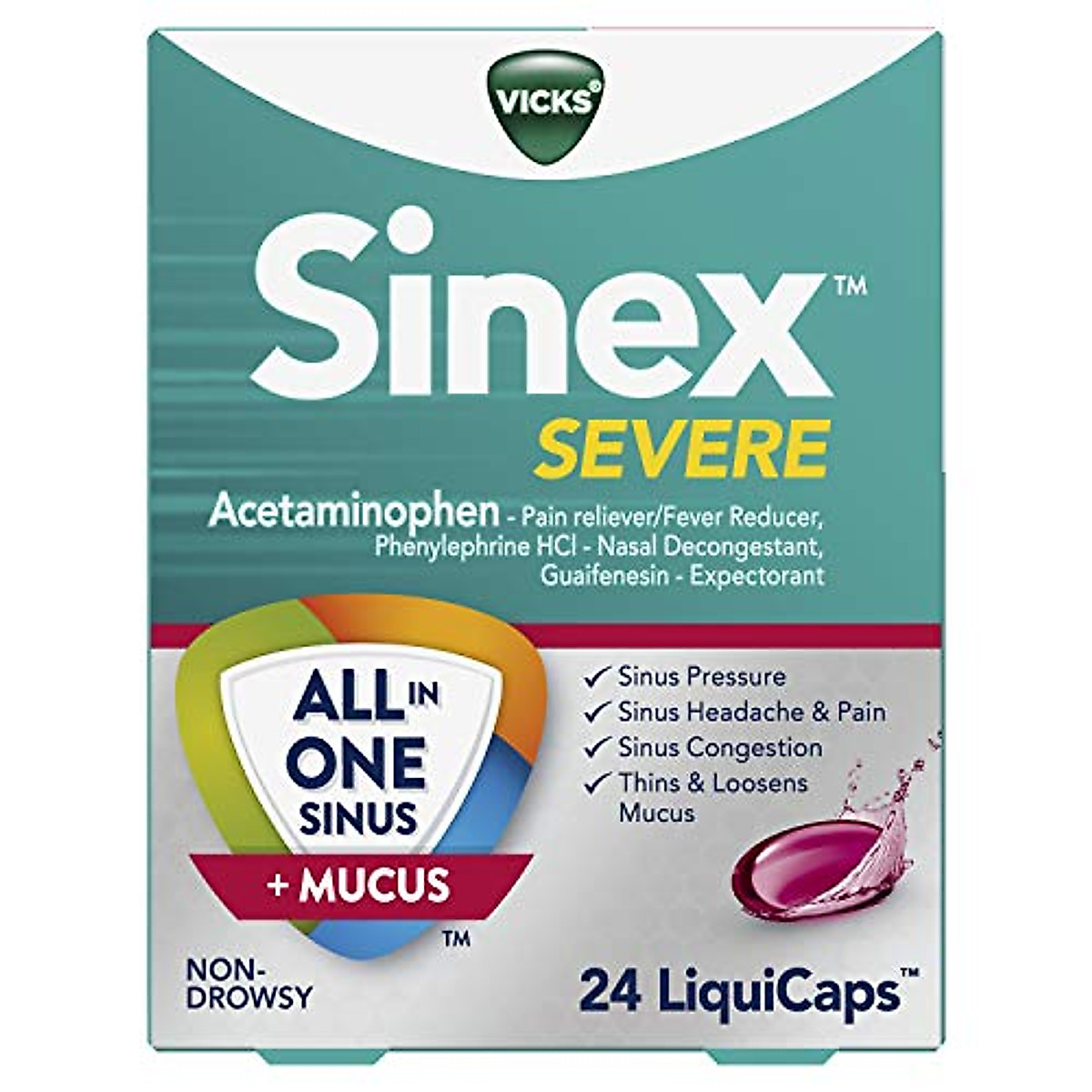 Vicks Sinex SEVERE, All-In-One Sinus + Mucus Relief, Non-Drowsy, Loosens Mucus, Maximum Strength Relief of Pain, Pressure, Congestion, & Headache Relief, 24 LiquiCaps