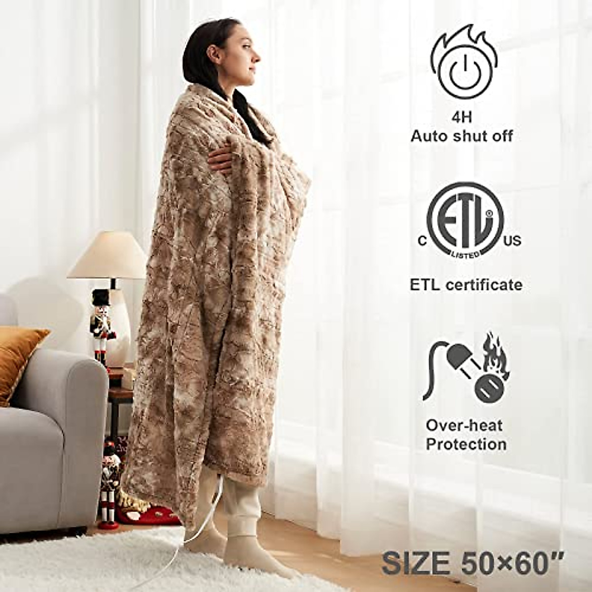 EHEYCIGA Heated Blanket Electric Throw Twin - Heating Blanket with 5 Heating Levels & 10 Hours Auto Off, Soft Cozy Sherpa Washable Electric Throw with Fast Heating, 62 x 84 Inches, Camel