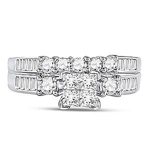 Size 10 - 10K White Gold Princess Cut, Round & Baguette Diamond Bridal Engagement Ring & Matching Wedding Band Two Piece Set - Invisible Set Square Princess Center Setting Shape with Channel Set Side Stones (.90 cttw.)