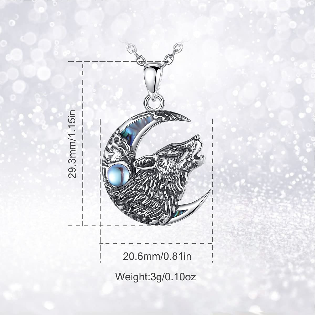 Vito Sterling Silver Wolf Moon Necklace for Women Men, Viking Wolf Moonstone Crescent Pendant Abalone Oxidized Jewelry Gifts, 18 Inch Chain