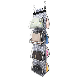 BeeGreen Purse Organizer for Cloest Handbag Storage Bag Hanging Purse Holder with 8 Clear Pockets & 2 Swivel Hooks, Grey with White, 16" x 10" x1.3" for Women
