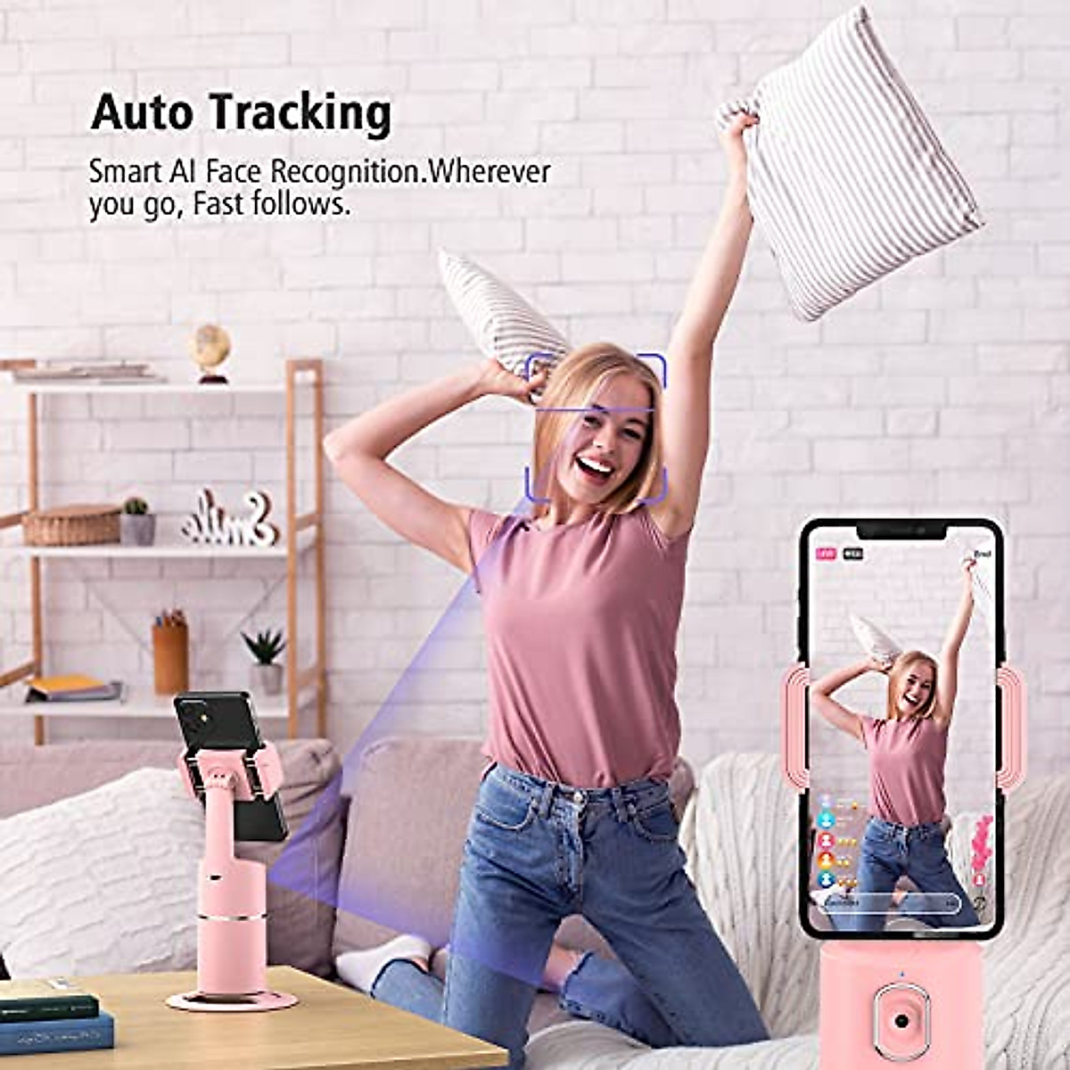 Auto Face Tracking Phone Holder, No App Required, 360° Rotation Face Body Phone Tracking Tripod Smart Shooting Camera Mount for Live Vlog Streaming Video, Rechargeable Battery-Pink