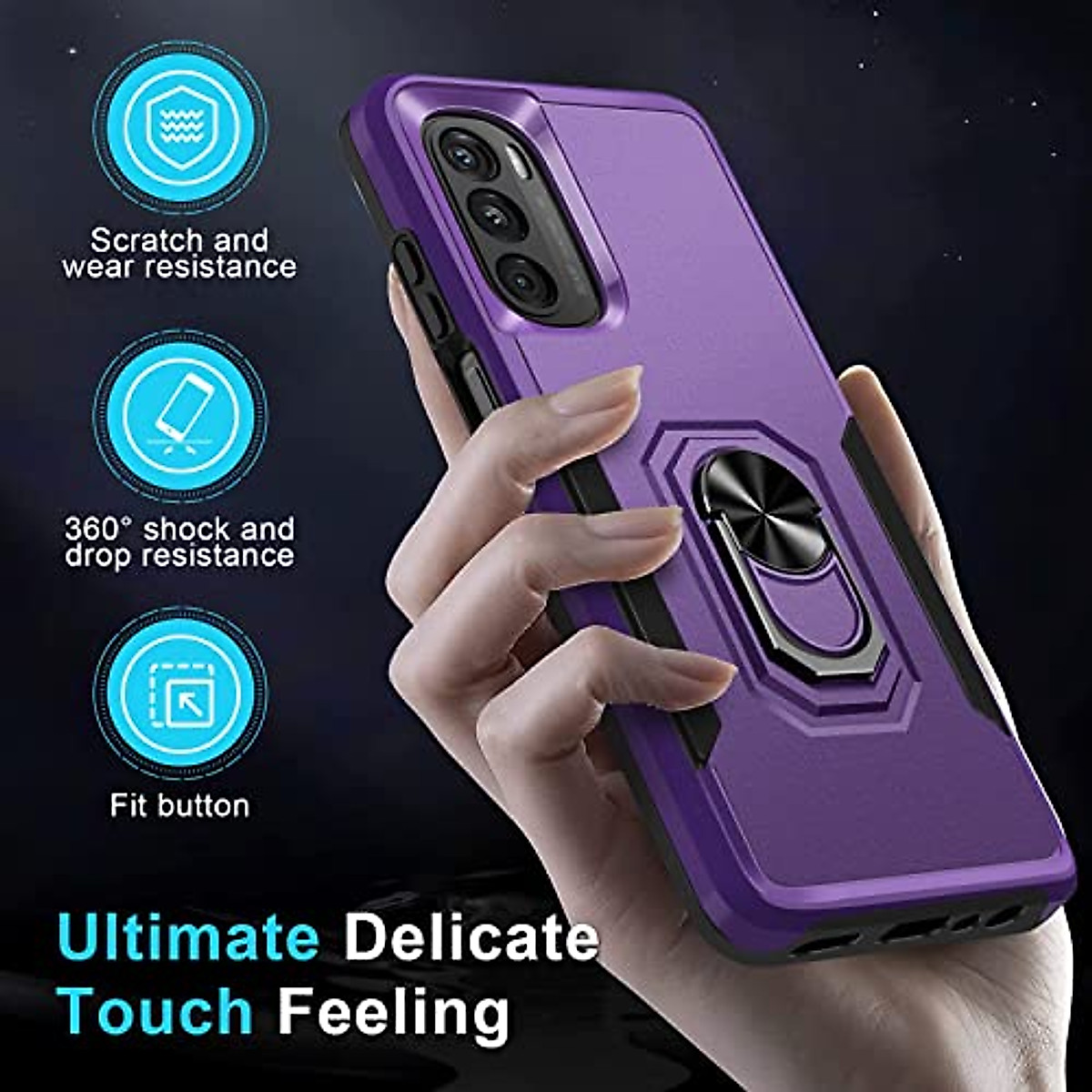 Janmitta Motorola Moto G 5G 2022 Case with Screen Protector[2 Pack], Heavy Duty Shockproof Full Body Protective Phone Cover,Built in Rotatable Magnetic Ring Holder Kickstand,Lavender