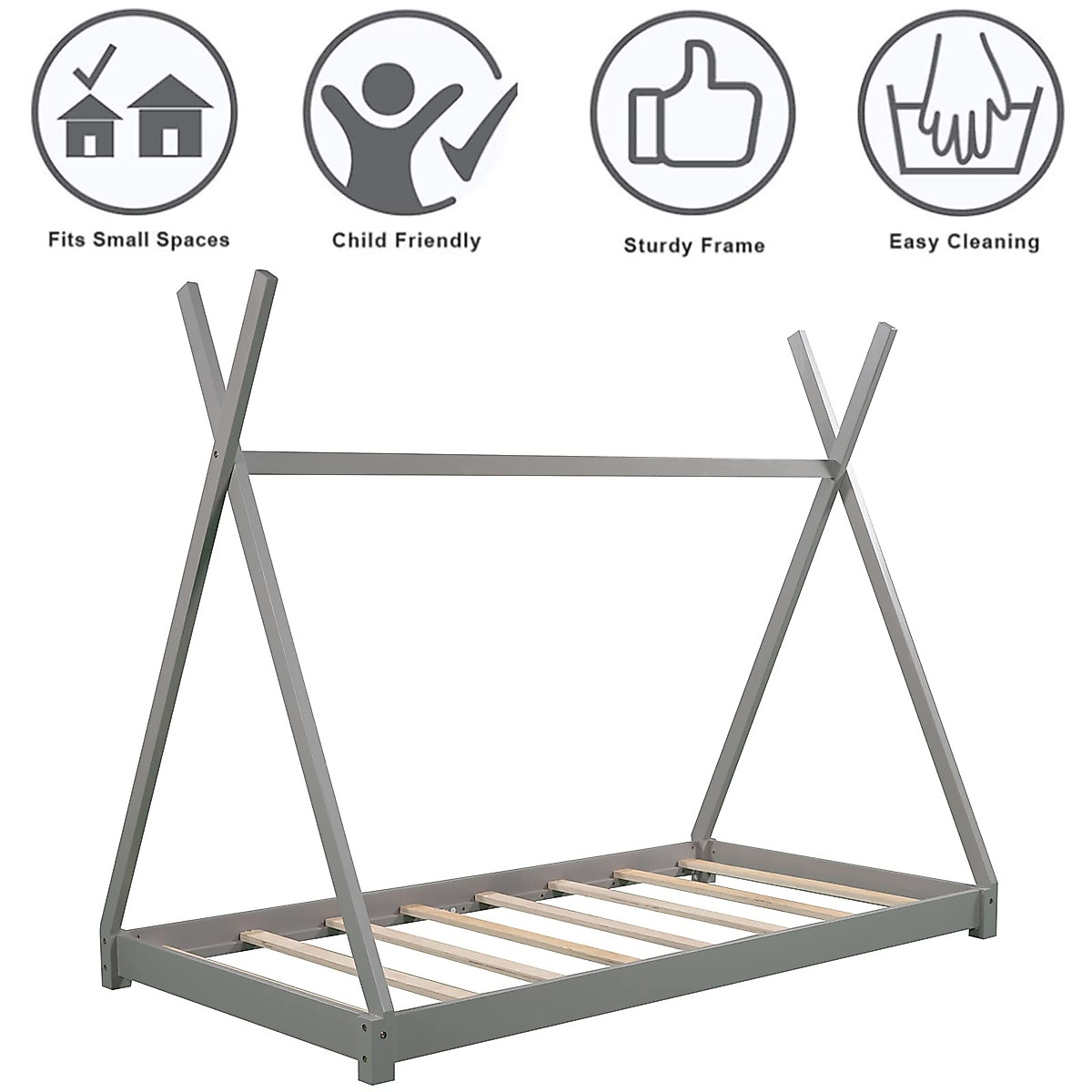 Harper & Bright Designs House Bed Twin for Kids, Toddler House Bed with Triangle Structure,Wood Floor Bed Frame for Girls Boys Bedroom Furniture, No Box Spring Needed,Grey