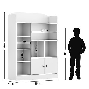 DIYART White Kids Bookshelf, Kids Bookcase with 7 Cubbies and 2 Cabinets, Freestanding Book Storage Shelves for Bedroom, Playroom, Hallway