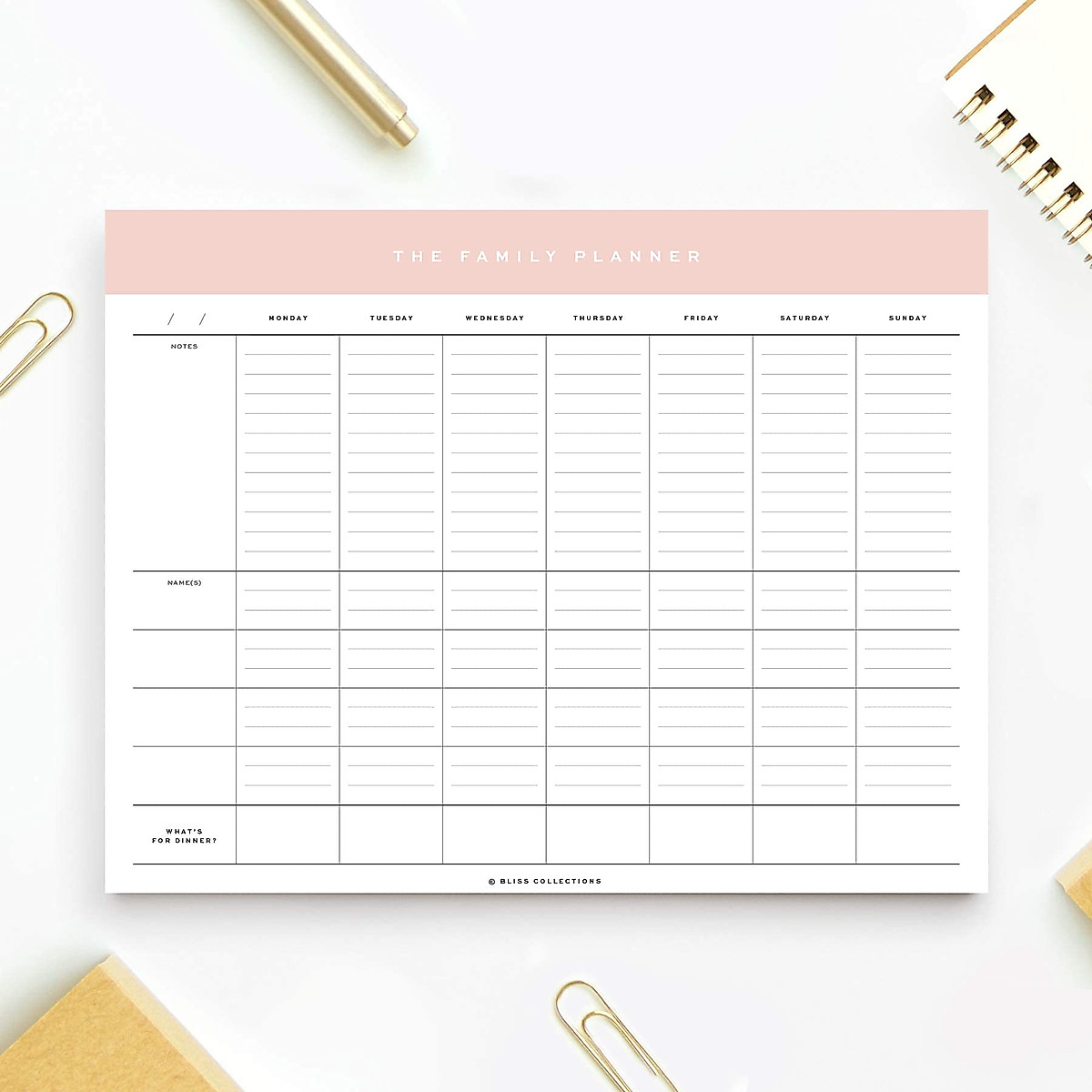Bliss Collections Family Planner with 50 Undated 8.5 x 11 Tear-Off Sheets - Simple Pink Daily and Weekly Calendar for Planning and Organizing Family Activities, Appointments, Tasks, Chores and Meals