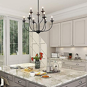 LALUZ Black Chandelier, Farmhouse Light Fixture, 2-Tier 9-Candle French Country Chandelier for Living Room, Foyer, Bedroom