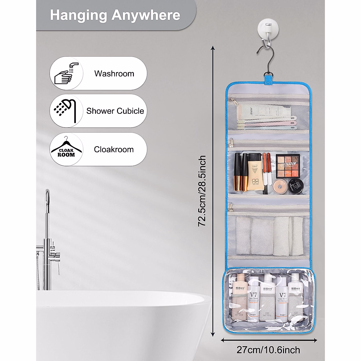 Relavel Travel Hanging Toiletry Bag for Women Men Large Capacity Makeup Bag Waterproof Cosmetic Storage Organizer Case for Bathroom Shower (Blue)