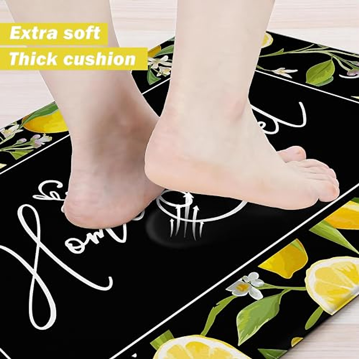 chiinvent Lemon Kitchen Rugs Anti Fatigue Kitchen Mats For Floor Black Yellow Non skid Washable kitchen Mats Set of 2 Cushioned Comfort Standing Mats for Laundry Office Sink,17.3x28 + 17.3x47 inch PVC