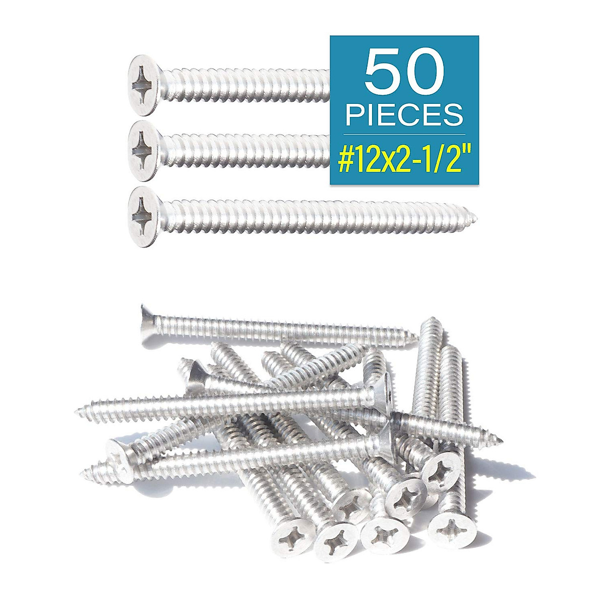 IMSCREWS Cabinet Screws #12 x 2-1/2" Flat Head Phillips Wood Screws 50pcs, Self Tapping 18/8 Stainless Steel Sheet Metal Screws for Indoor and Outdoor Wooden Working