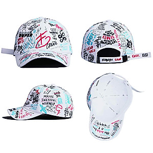 Flipper Designer Graffiti Doodle Cotton Baseball Cap for Men Women, Kpop Hat w/Curve Brim (White/Multi, Free Size)