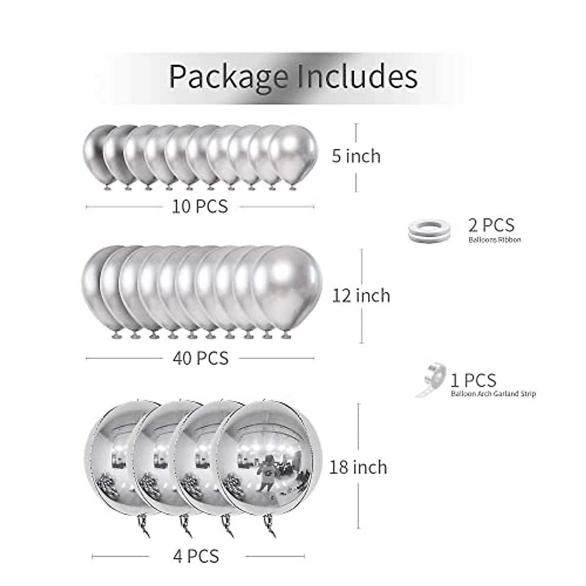 Janinus Metallic Silver Balloons Chrome Balloons Silver Balloons Different Sizes 18/12/5 Inch Silver Balloons Garland Kit Silver 4D Foil Balloons For Birthday Baby Shower Anniversary Party