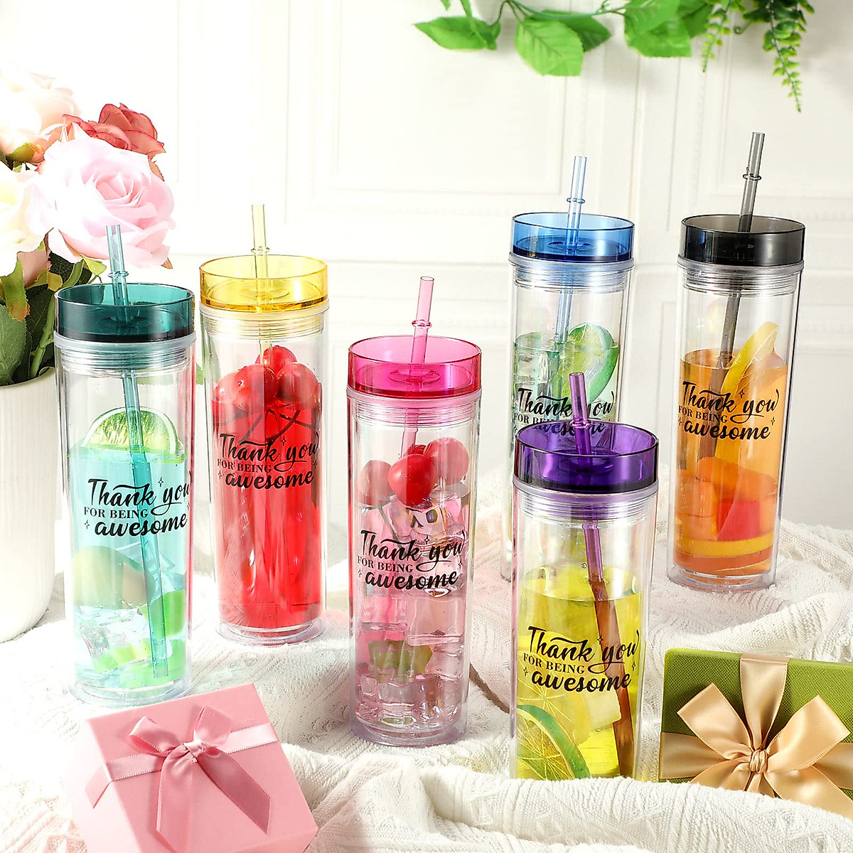 Didaey 6 Pcs Thank You Appreciation Gift for Employee Skinny Plastic Tumblers with Lid and Straw 16 oz Colored Clear Double Wall Tumbler for Coworker Men Women Friends Cup Gifts (Thank You)