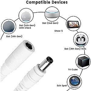 Power Extension Cord Replacement for Alexa Dot 3rd Generation, Dot 4th gen, Show 5, Dot with Clock, TV Cube, Spot - White DC Plug Extension Cable 16 ft