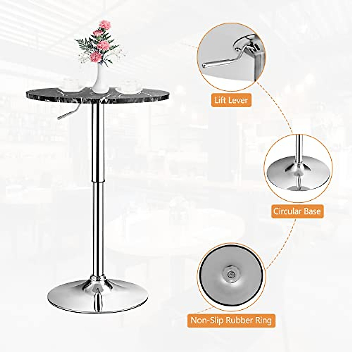 Byroce Round Bar Table, Cocktail Table Height Adjustable with 360° Swivel Top, Silver Leg & Base, High Pub Table for Bistro, Parties, Café, Kitchen and Dining Room (2, Black)