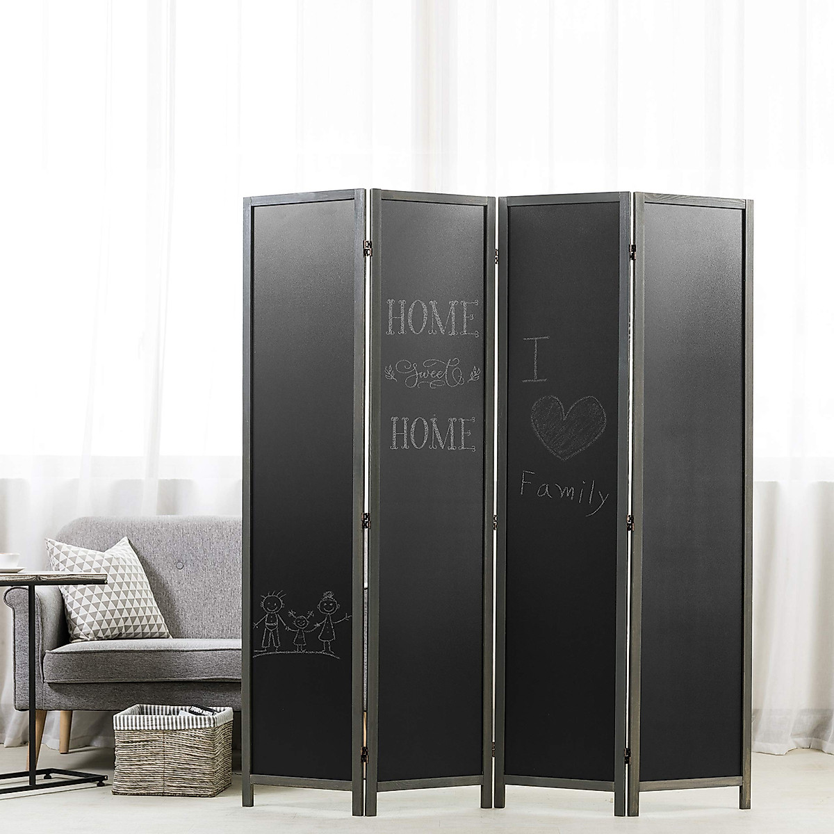 MyGift Dark Brown Wood Folding Room Divider with Chalkboard Panels, 4 Panel Privacy Screen
