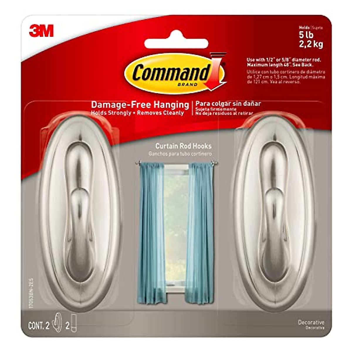 Command 17053BN-2ES Curtain Rod Hooks, Brushed Nickel, 2 Count