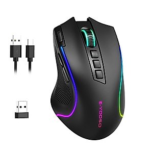 E-YOOSO Gaming Mouse, Tri-Modes Wireless/Bluetooth/Wired Rechargeable RGB Gamer Mouse with 2 Side Buttons, Rapid Fire Key, 8000 DPI, 6 Backlit Modes, 9 Programmable Buttons Macro