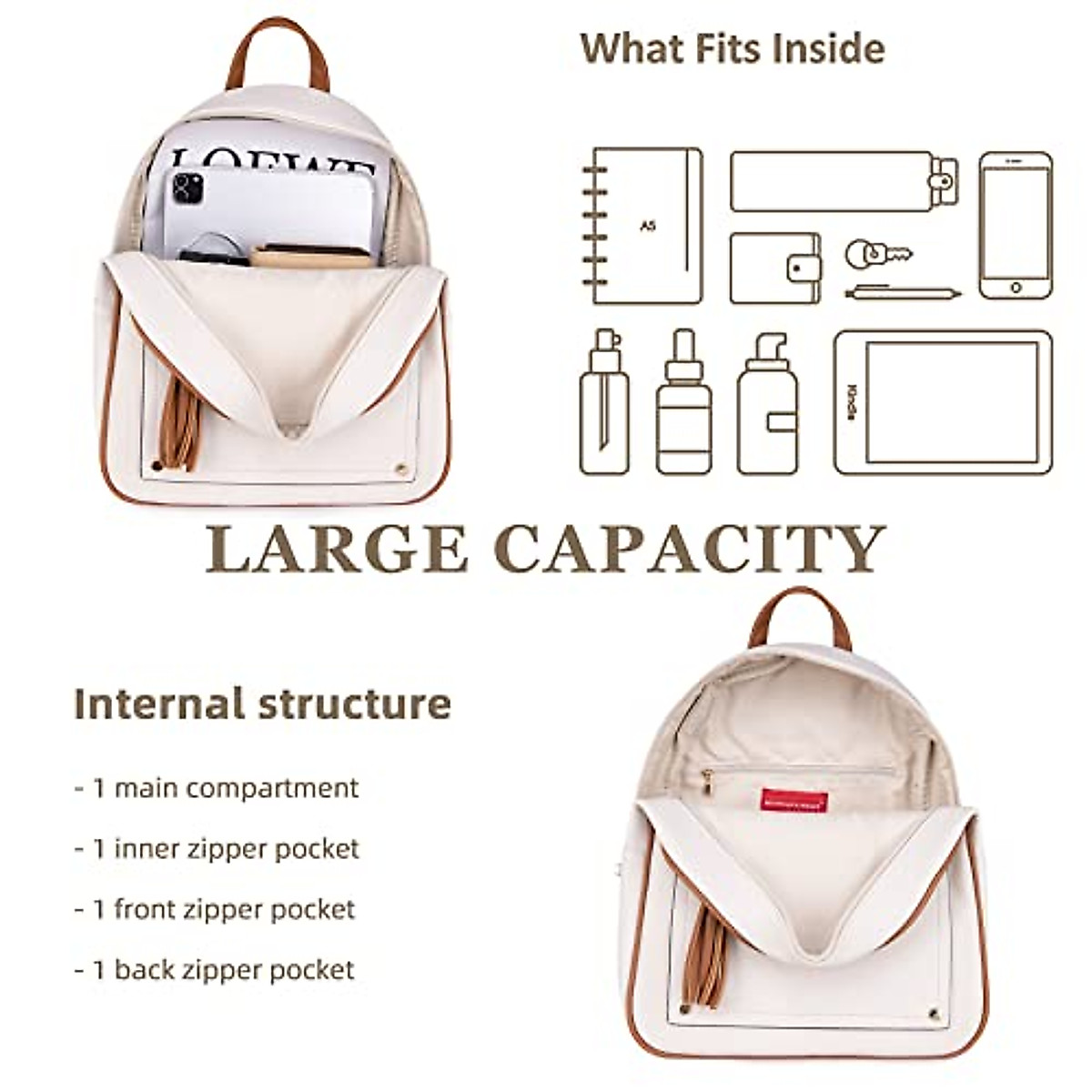 Montana West Anti Theft Mini Backpack Purse for Women Cute School Backpack for Teen Girls with Secured Zipper & Tassel, Beige & Brown